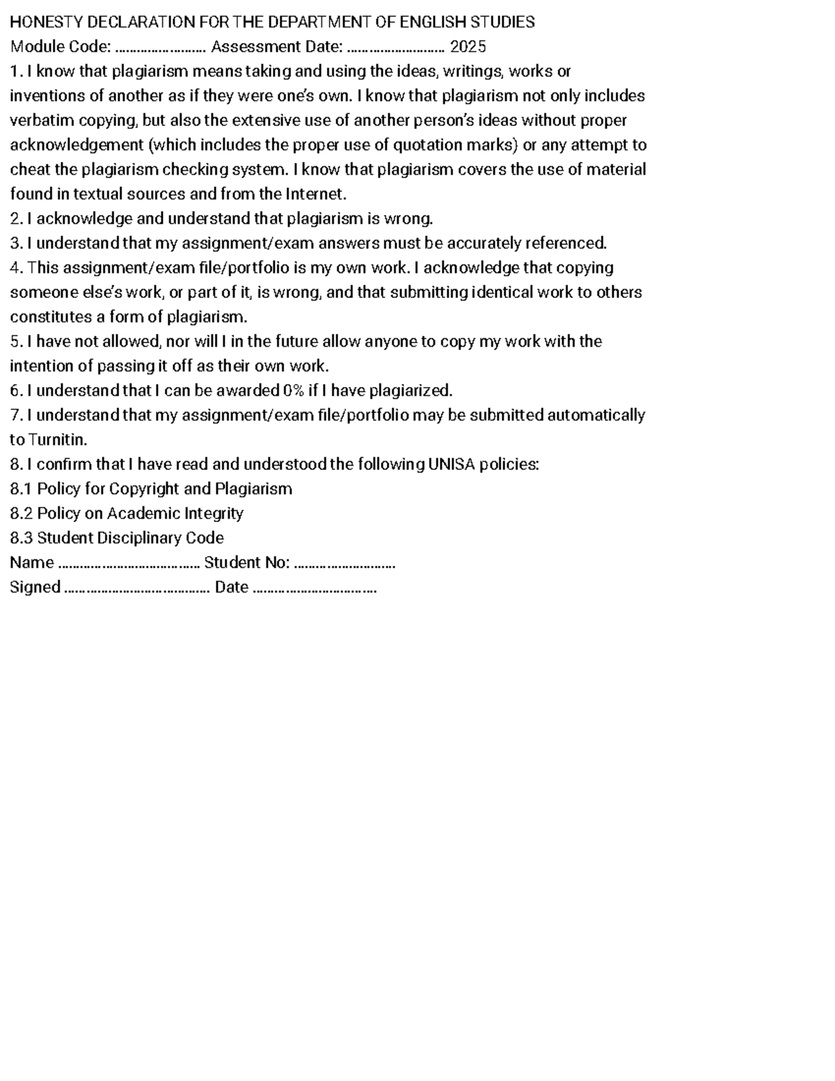 English Declaration Form - HONESTY DECLARATION FOR THE DEPARTMENT OF ENGLISH STUDIES Module Code ...