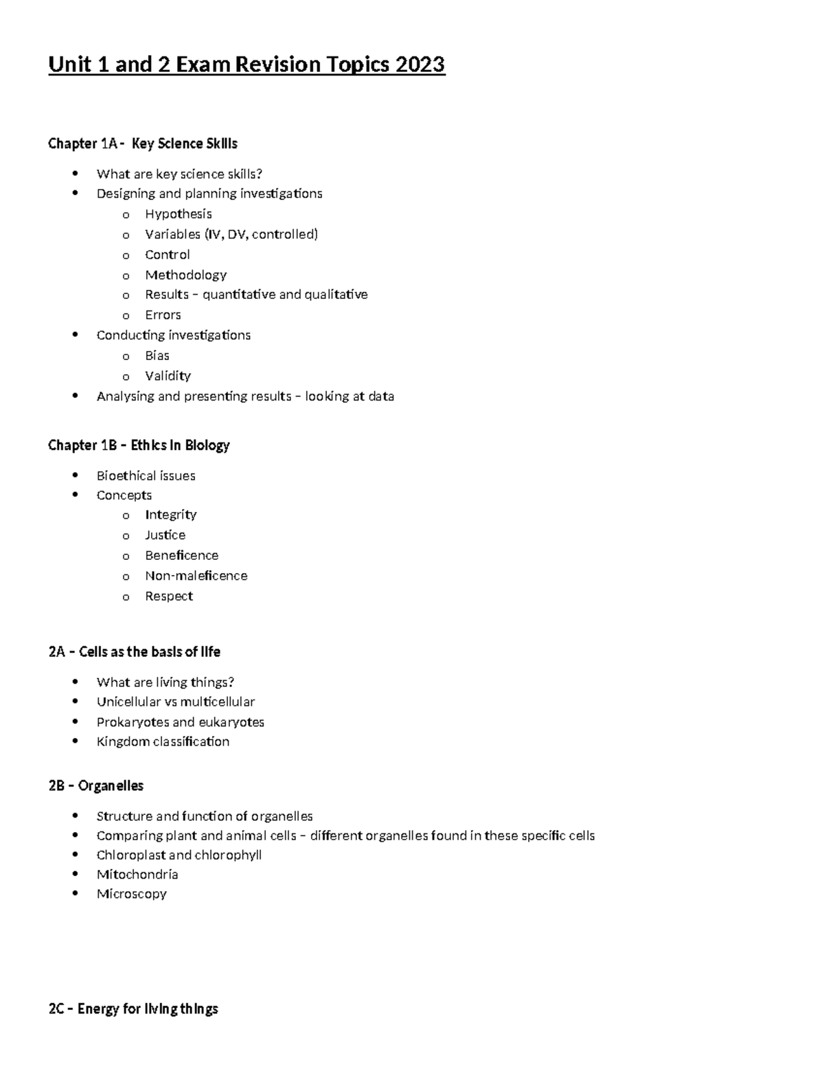 Unit 1 & 2 Biology Exam Revision Topics 2023: Key Concepts & Skills ...
