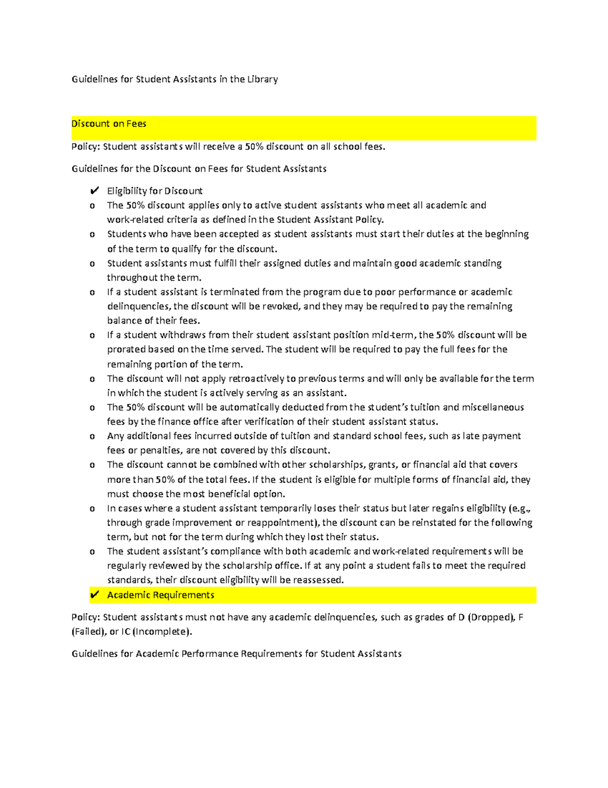 Guidelines for Student Assistants: Library Fee Discount Policy - Studocu