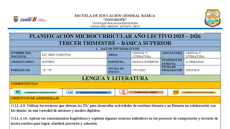 Planificación Microcurricular Lengua y Literatura 9NO - AÑO LECTIVO ...