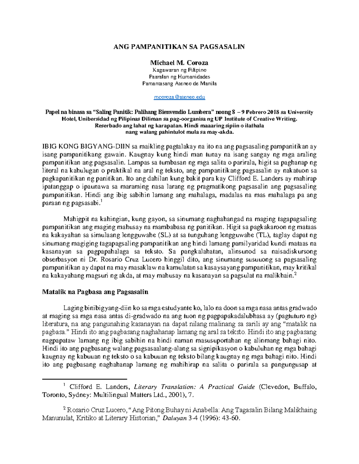 ANG PAMPANITIKAN SA PAGSASALIN: Mga Pagsusuri at Mga Teknik sa 2018 ...