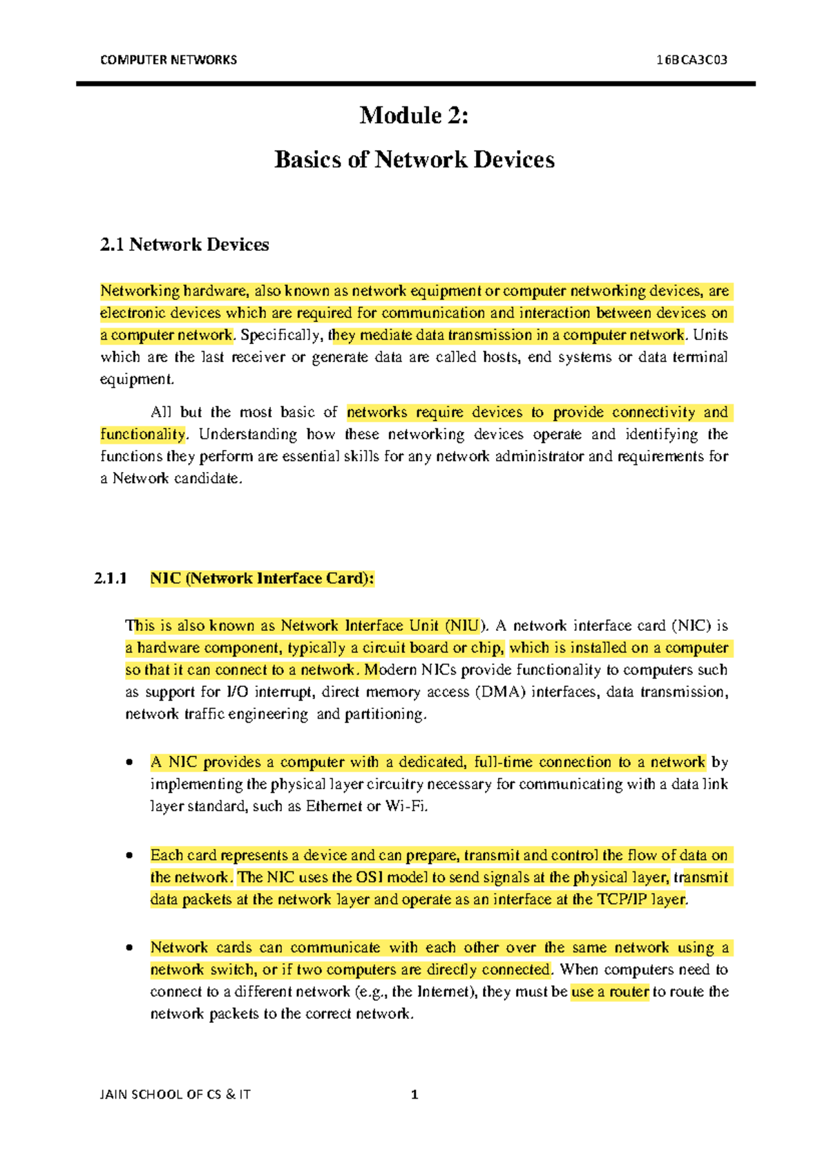 16BCA3C03 COMPUTER NETWORKS Module 2: Overview of Network Devices - Studocu