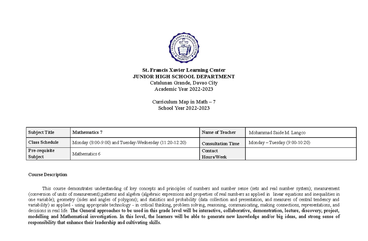 Grade 7 Math Curriculum Map - St. Francis Xavier Learning Center JUNIOR ...