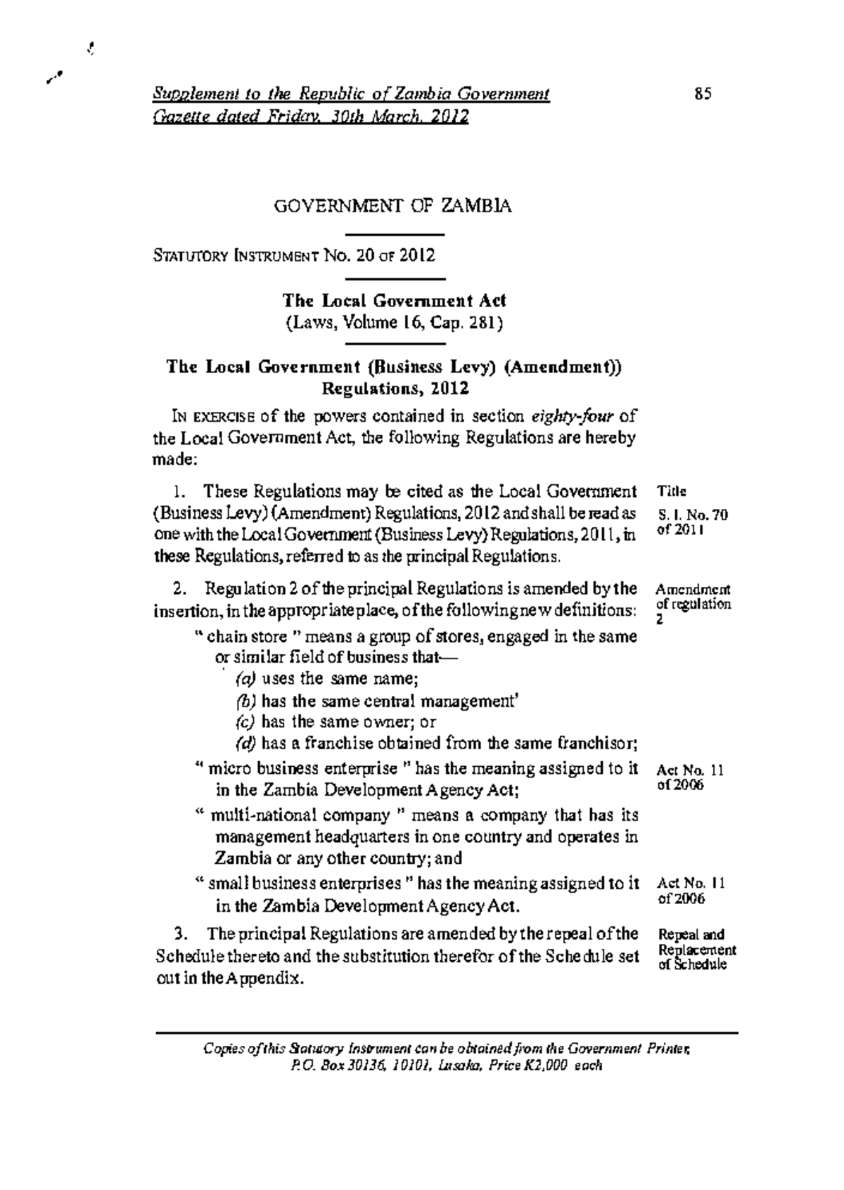 Statutory Instrument No. 20 of 2012: Business Levy Amendments - Studocu