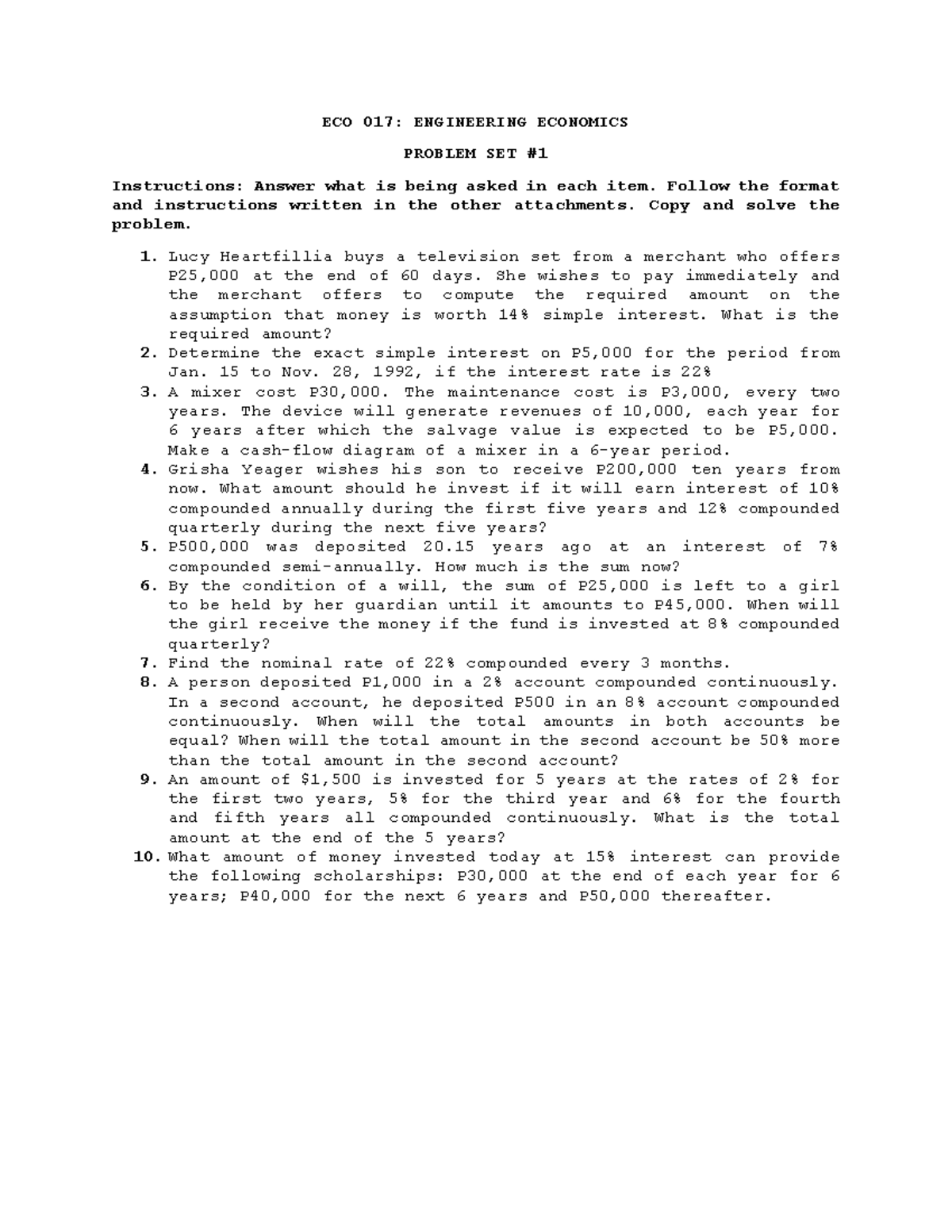 ECO-017-P1-PS1 - Engineering Economics Problem Set Solutions - Studocu