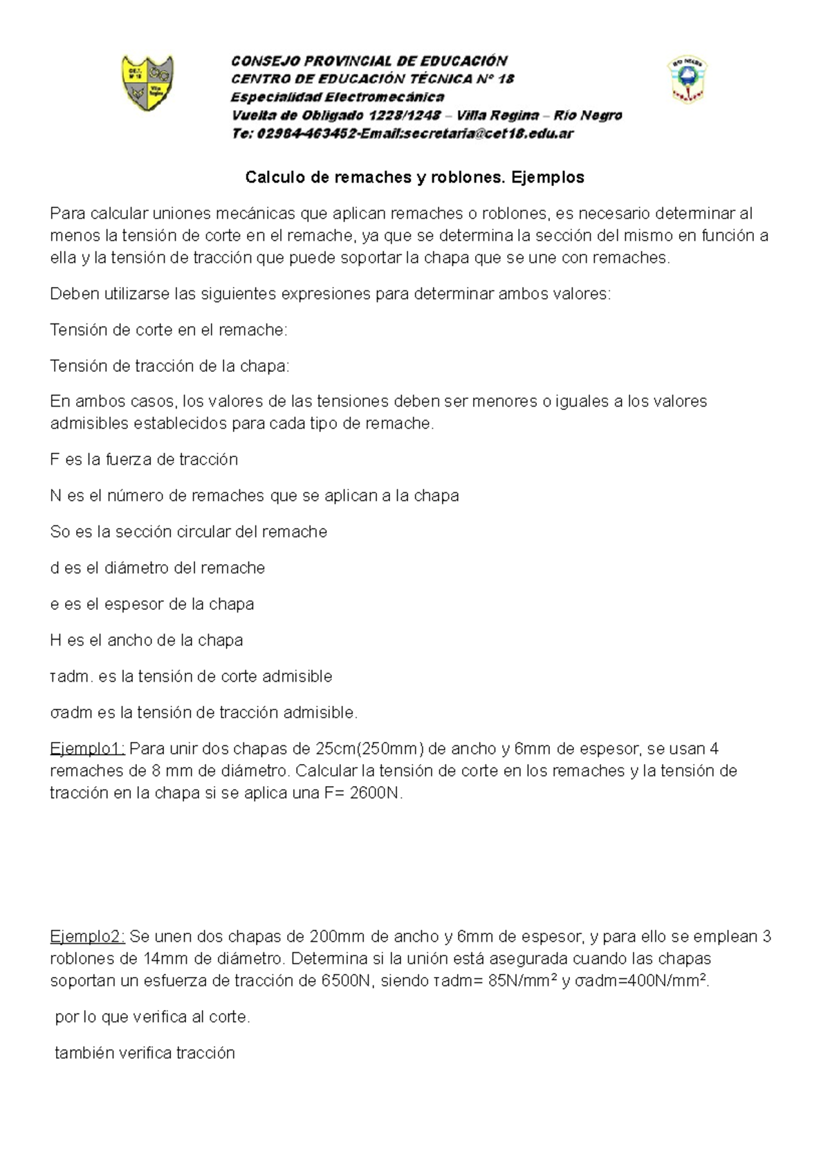 Cálculo de Remaches y Roblones: Ejemplos Prácticos y Teóricos - Studocu