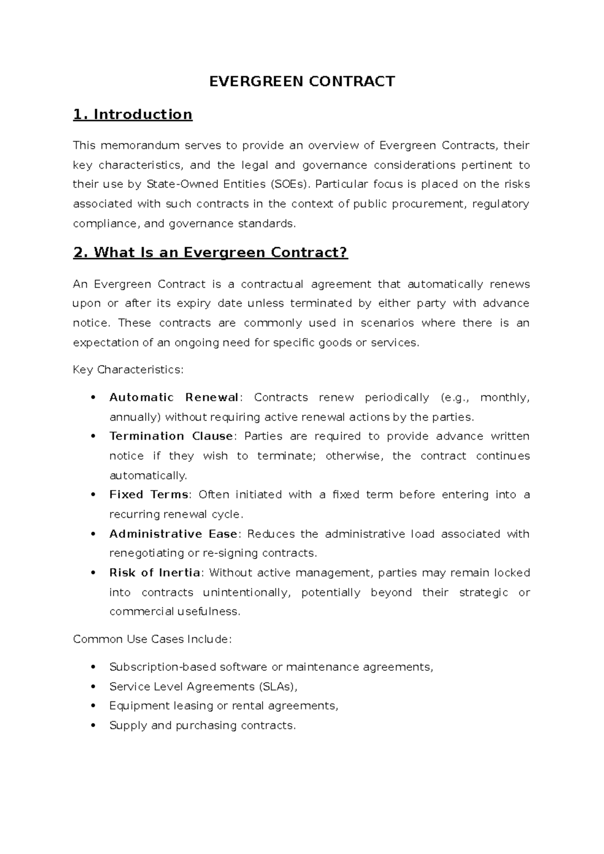 Memorandum on Evergreen Contracts: Legal and Governance Implications ...