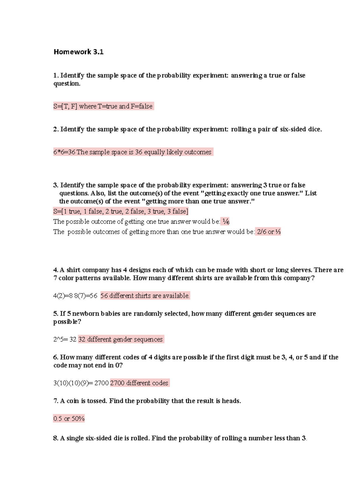 Homework 3.1 - Homework 3. 1. Identify the sample space of the ...