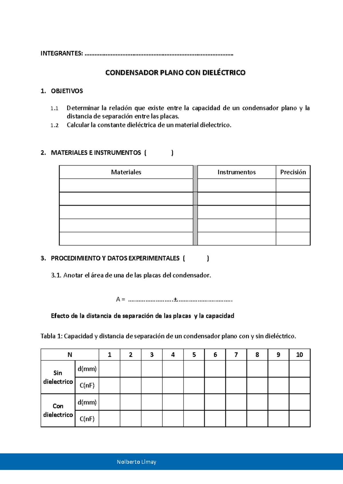 Informe 2: Condensador Plano con y sin Dieléctrico - Análisis y ...