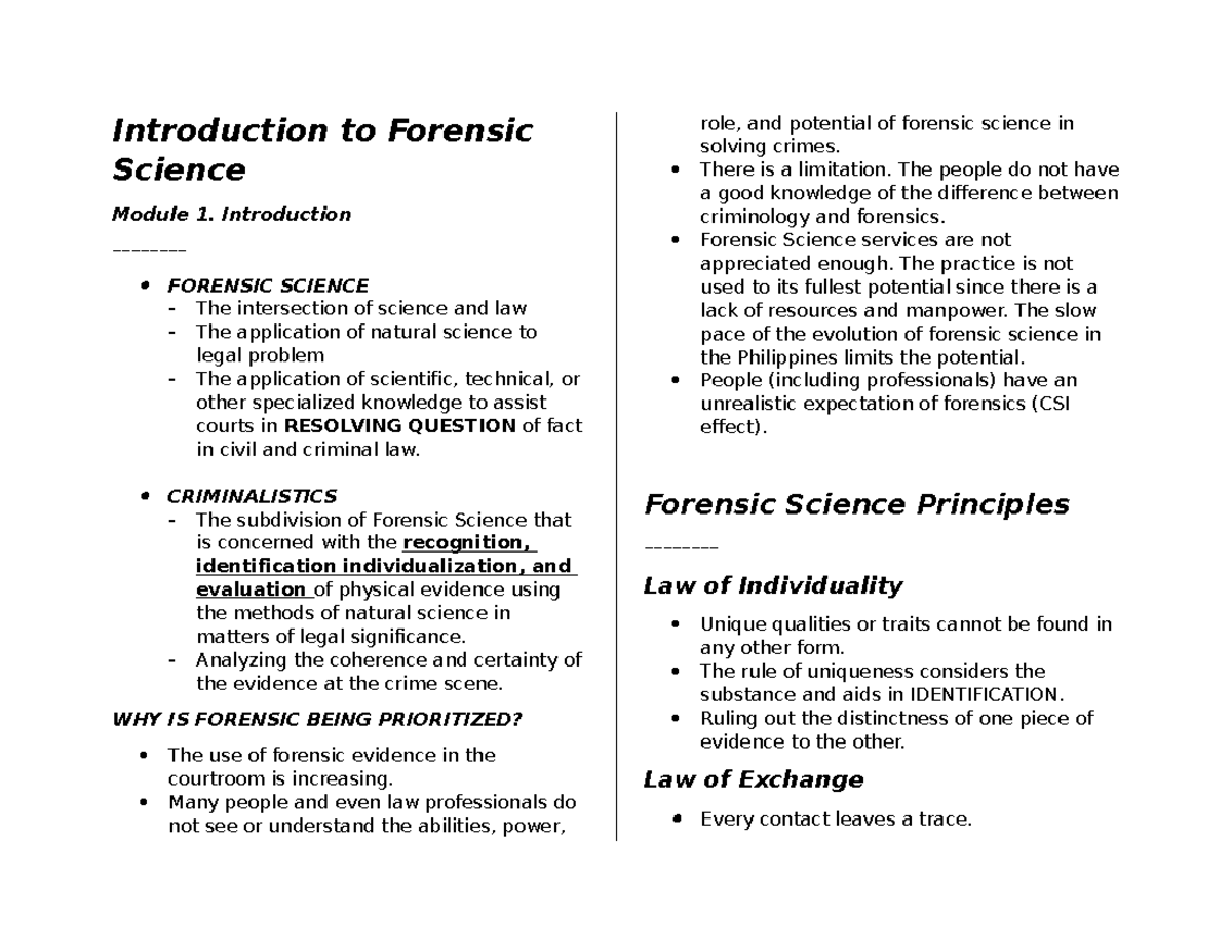 Intro TO FOR SCI-reviewer - Introduction to Forensic Science Module 1 ...