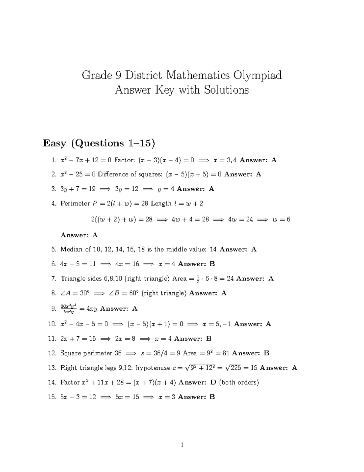 Grade 9 District Math Olympiad Answer Key & Solutions - Studocu