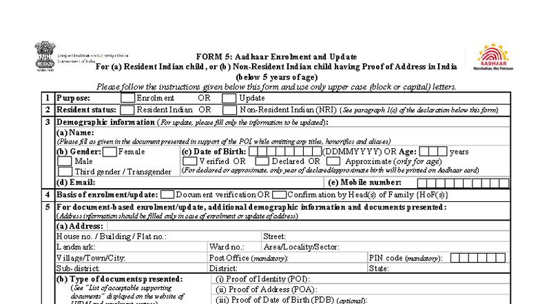 FORM 5: Aadhaar Enrolment & Update for Indian Children Under 5 - Studocu