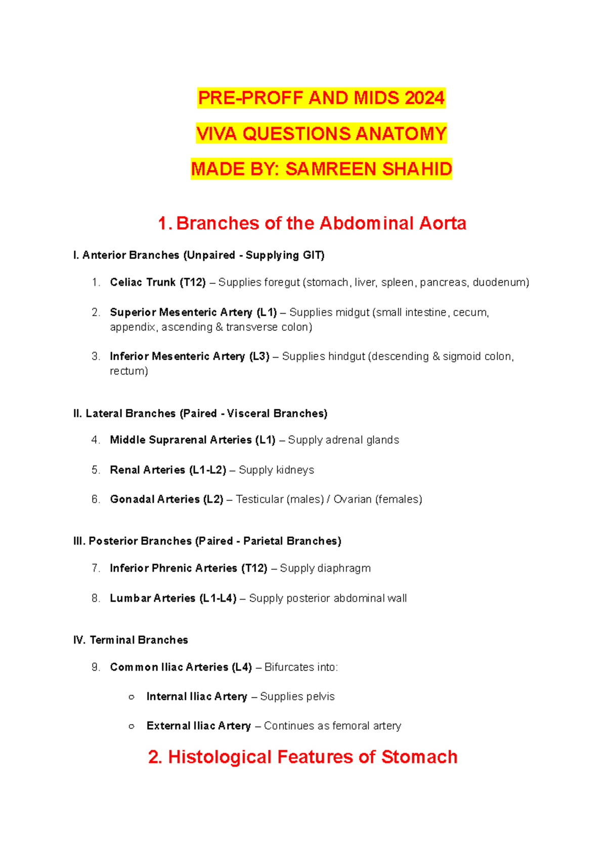ANMIDS 2024 VIVA QUESTIONS: ANATOMY OF ABDOMINAL AORTA & MORE - Studocu
