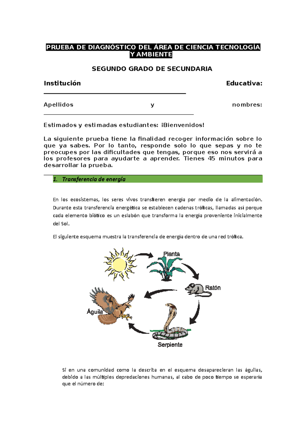2do Sec. Prueba Diagnóstica de Ciencia, Tecnología y Ambiente - Studocu