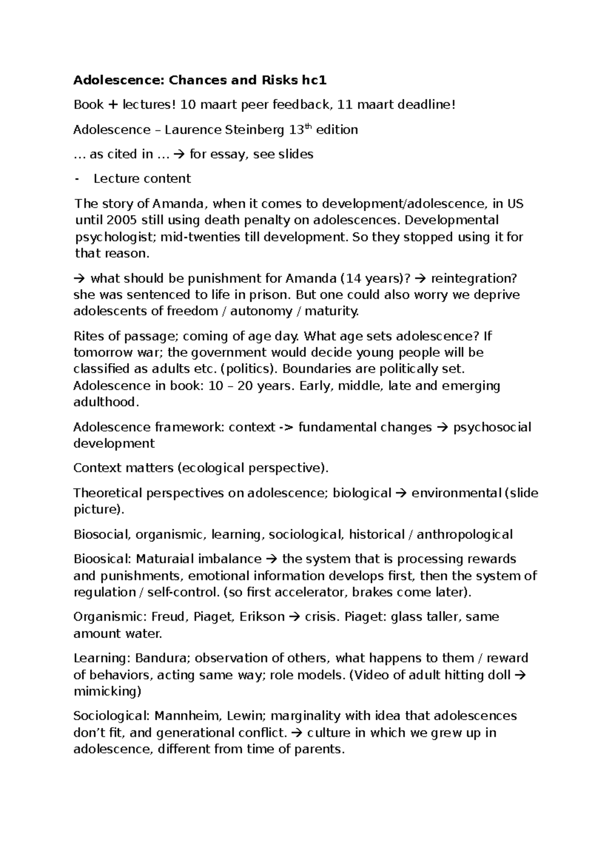Adolescence: Opportunities and Challenges - HC1 Lecture Notes - Studeersnel