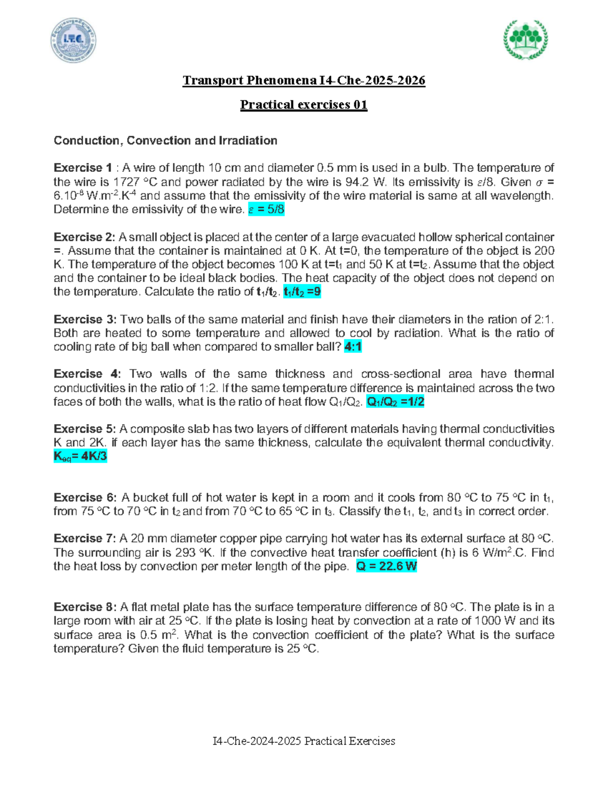 TD 01 - Transport Phenomena Practical Exercises on Heat Transfer - Studocu