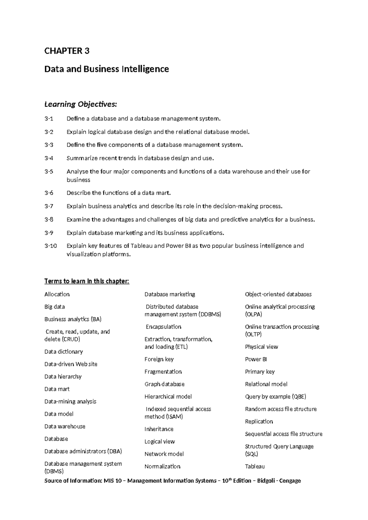 CHAPTER 3: Data and Business Intelligence Overview - MIS 10 - Studocu