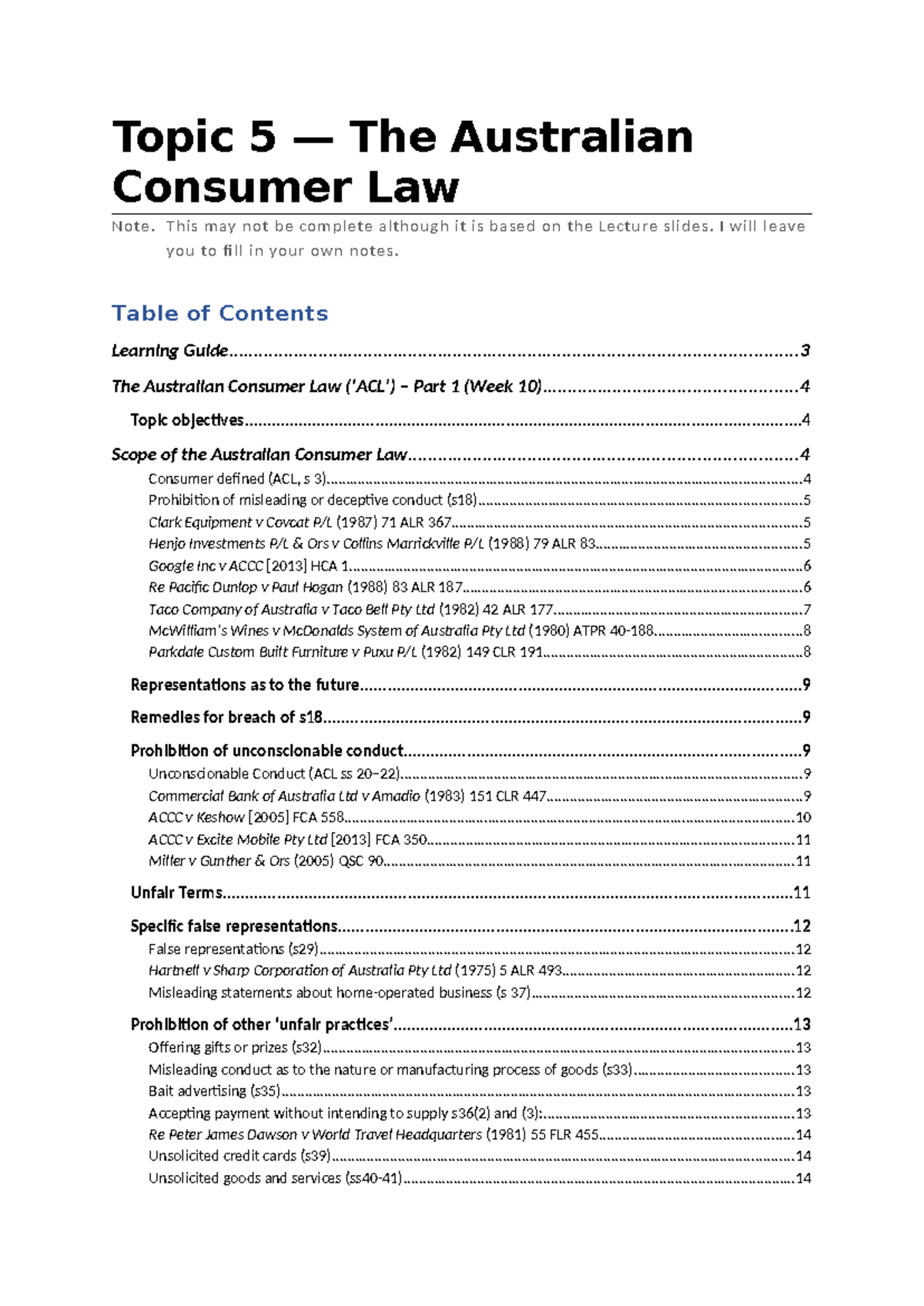 700254 Enterprise Law Notes: Topic 5 - Australian Consumer Law Overview ...
