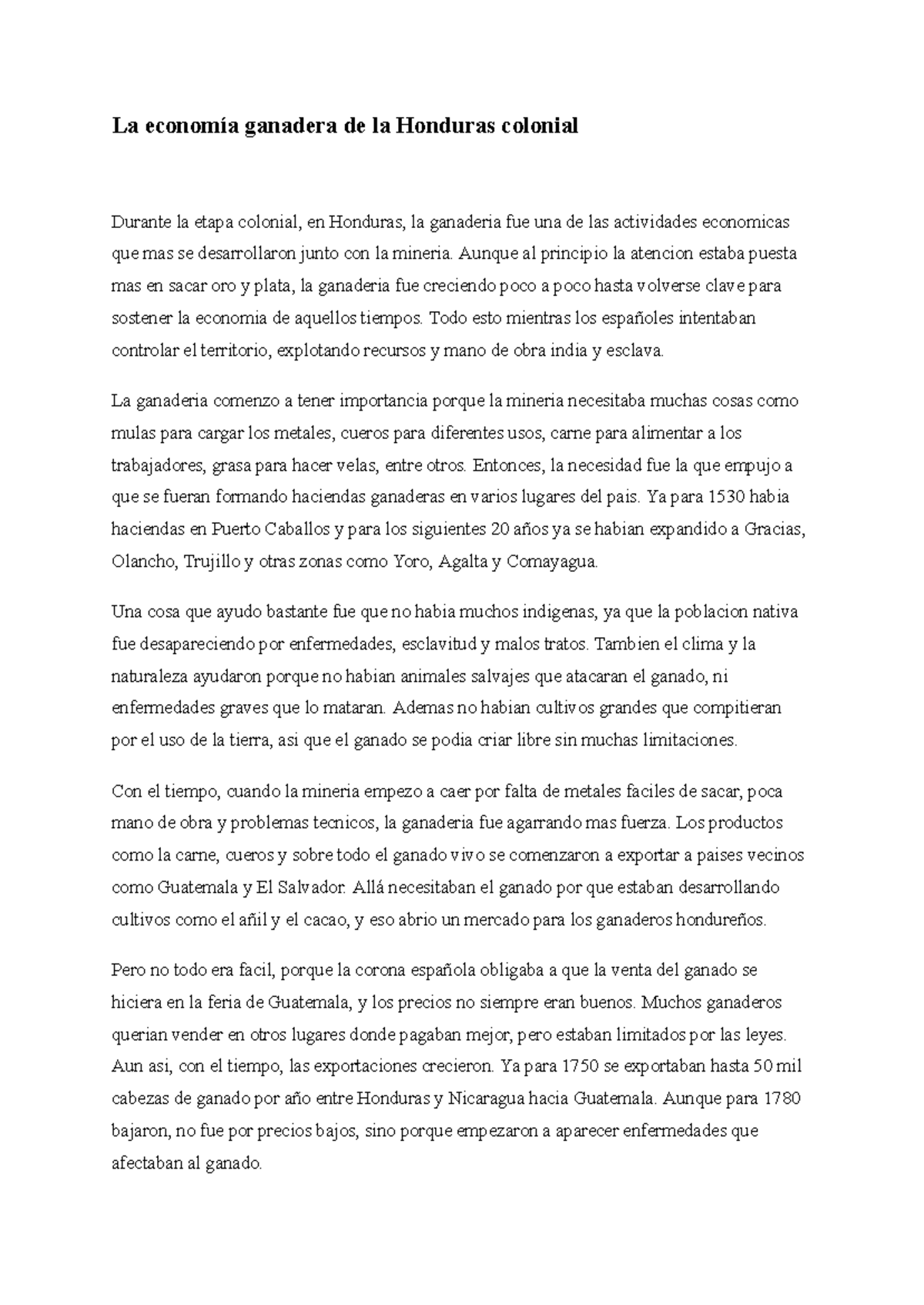 La economía ganadera en Honduras colonial: Desarrollo y desafíos - Studocu