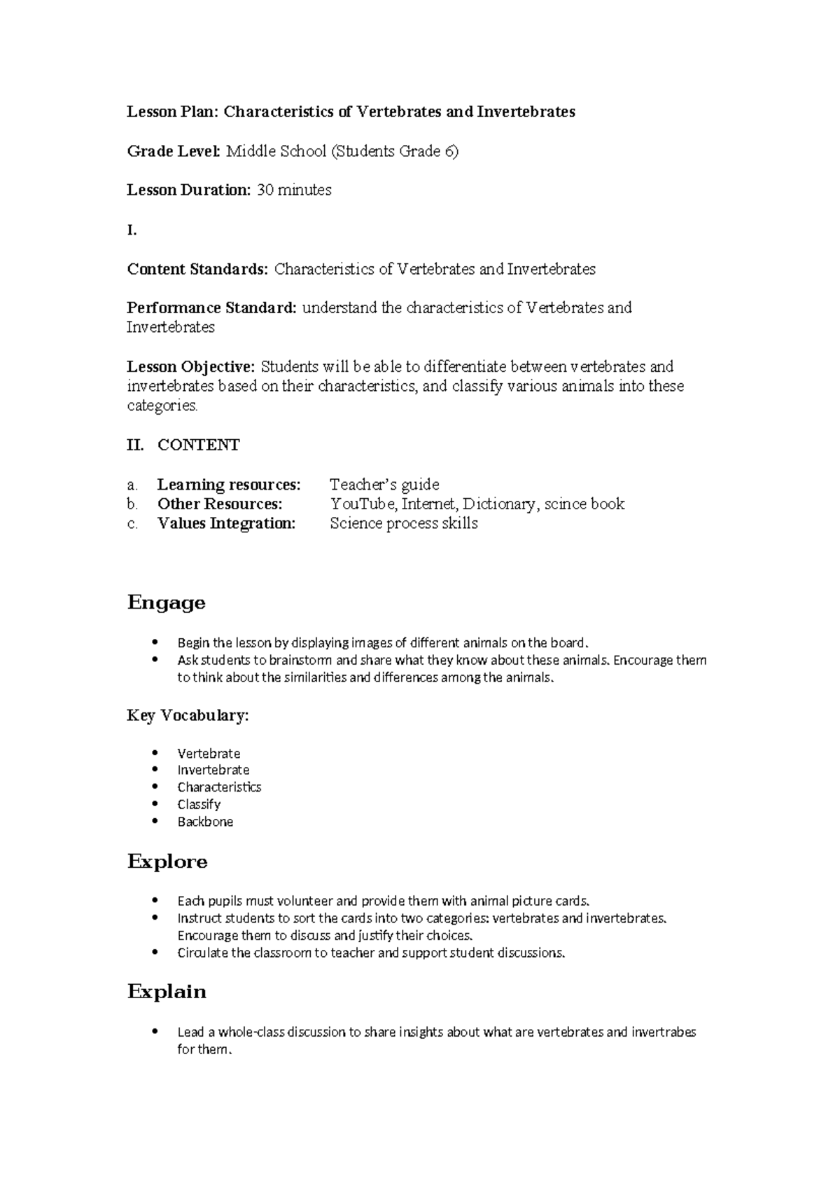 5E Lesson Plan for 6th Grade Science: Vertebrates vs. Invertebrates ...