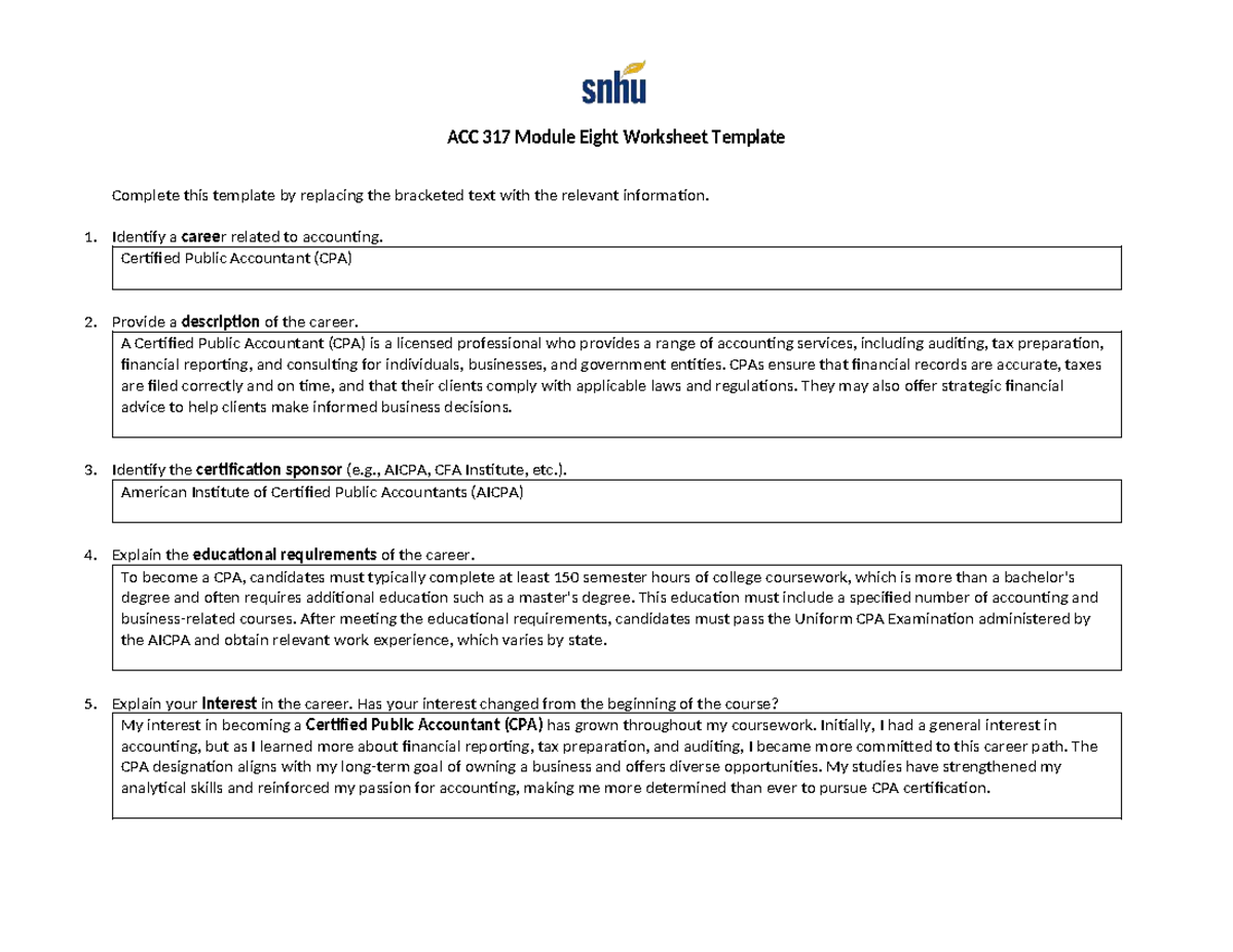 ACC 317 Module Eight Worksheet Template - ACC 317 Module Eight ...