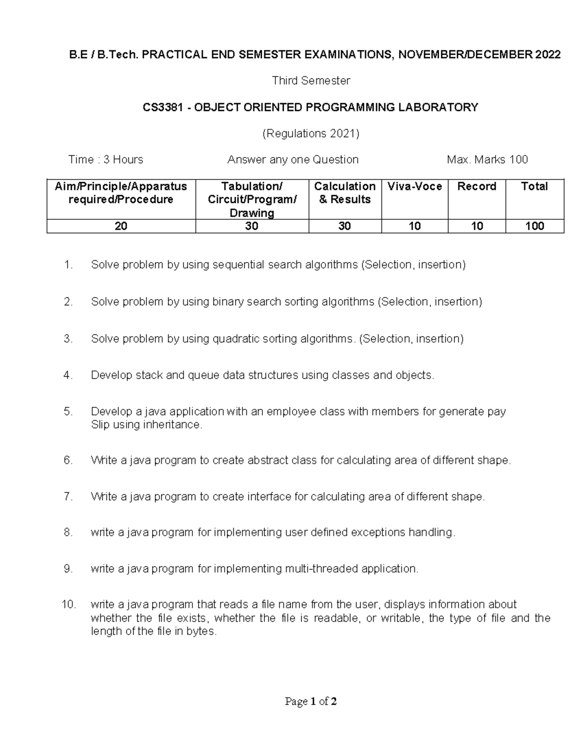 CS3381 SET8 - B / B. PRACTICAL END SEMESTER EXAMINATIONS, NOVEMBER/DECEMBER 2022 Third Semester ...