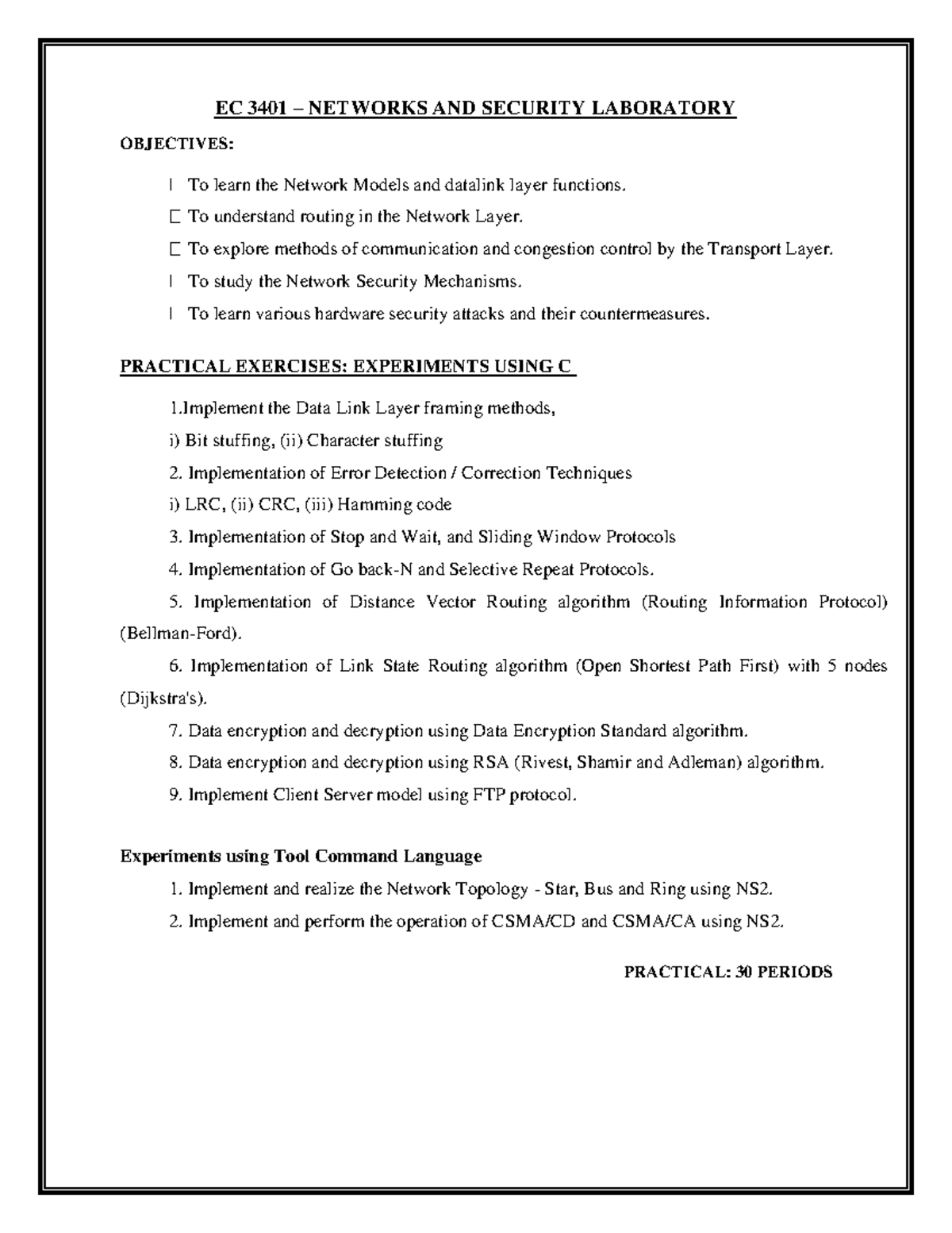 EC 3401 Networks & Security Lab: Practical Exercises & Objectives - Studocu