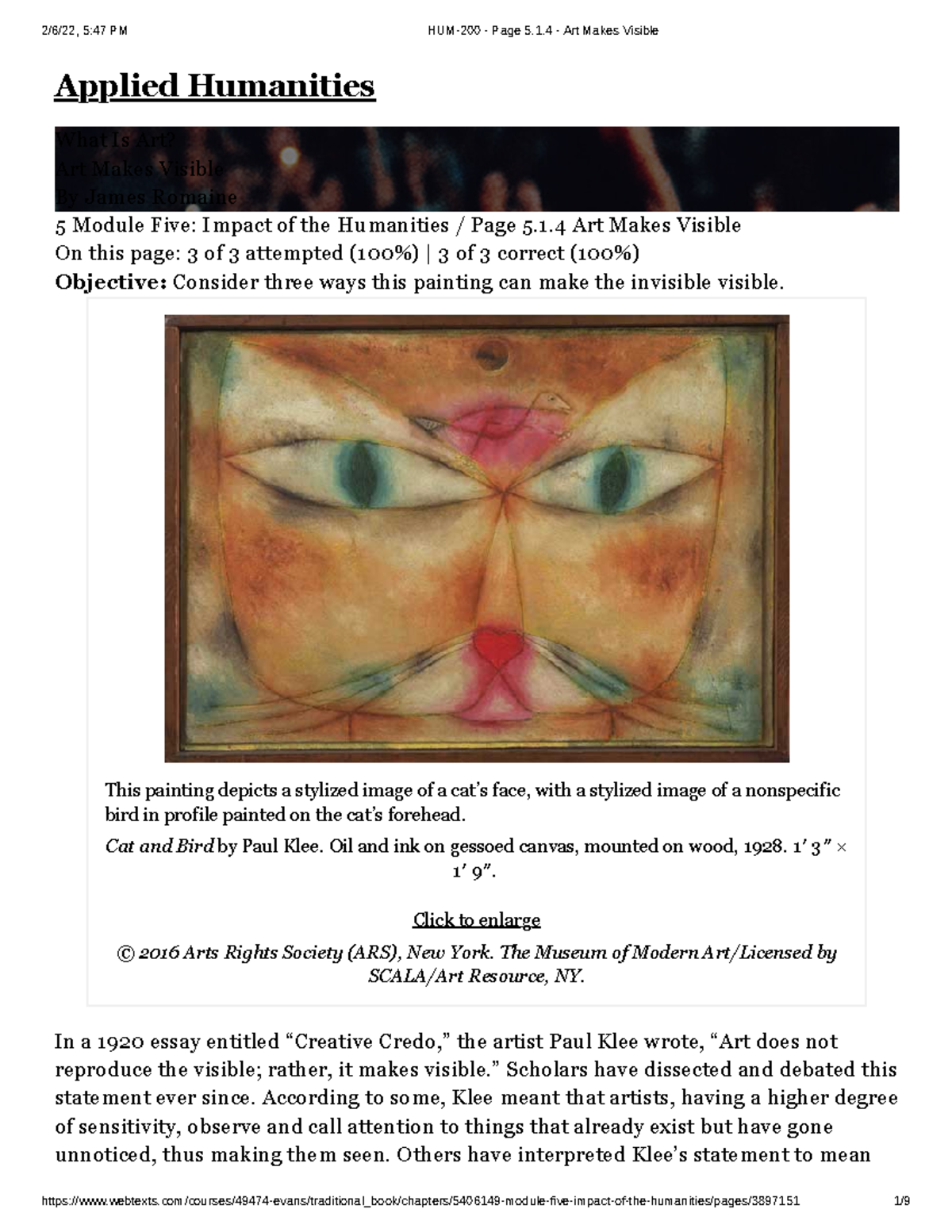 HUM-200 - Module 5.1.4 - Exploring Paul Klee's "Art Makes Visible ...