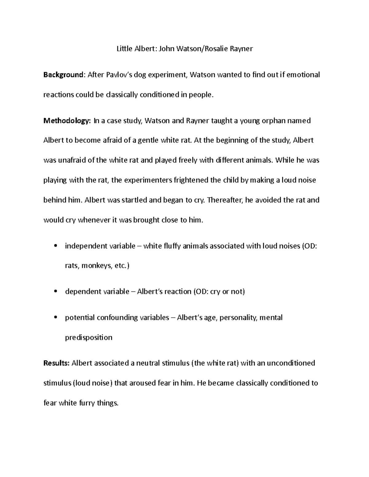 Psychology 101: Little Albert Case Study Analysis and Critique - Studocu