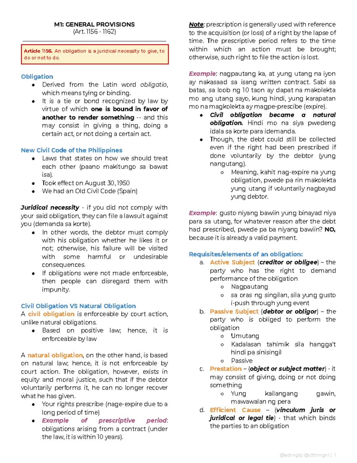 M1: General Provisions and Nature of Obligations (Art. 1156-1178) - Studocu