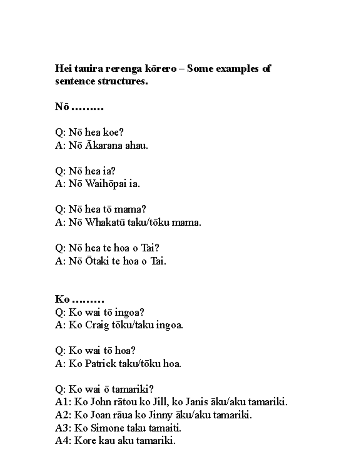 Hei tauira rerenga kōrero – Sentence Structures Examples (3) - Studocu