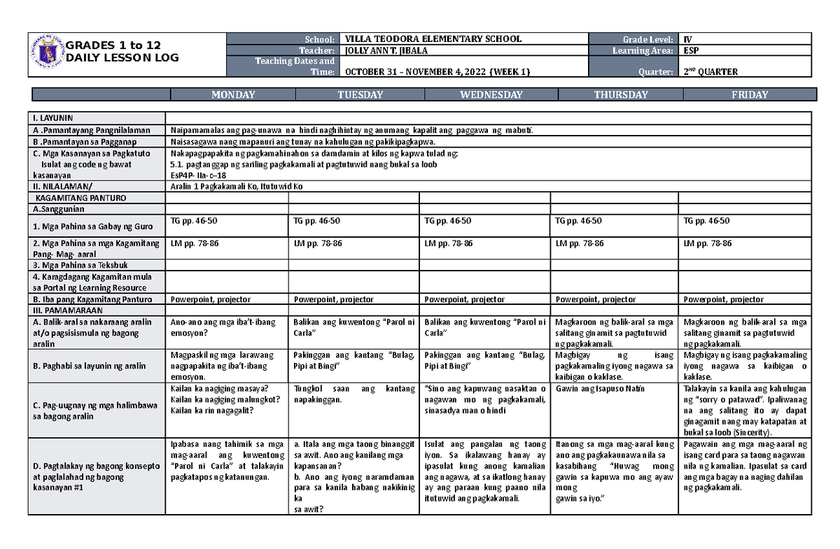 DLL ESP 4 Q2 W1 - Study notes - GRADES 1 to 12 DAILY LESSON LOG School ...