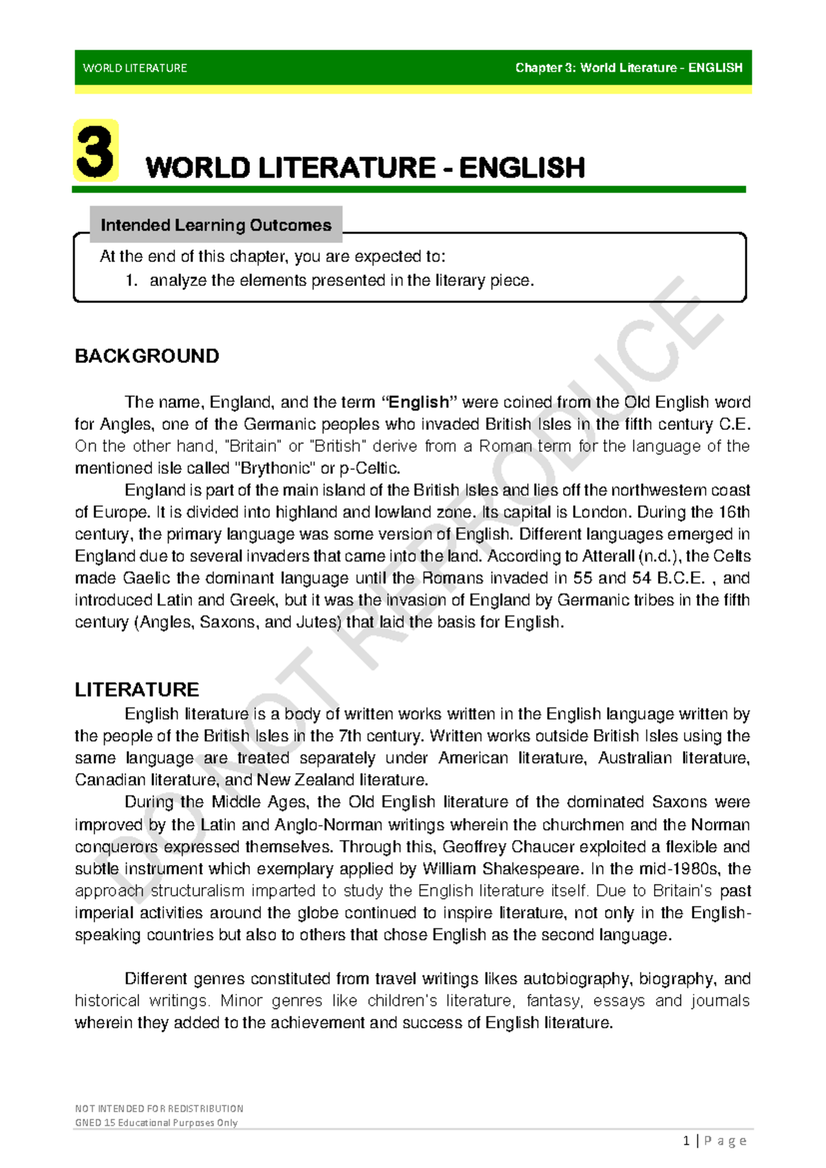 English Literature - none - WORLD LITERATURE Chapter 3: World ...