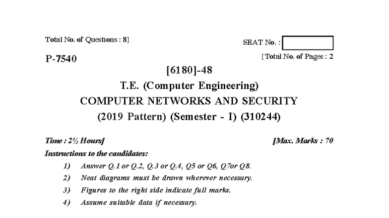 CNS 310244 TE Computer Networks & Security PYQ Exam 2019 - Studocu