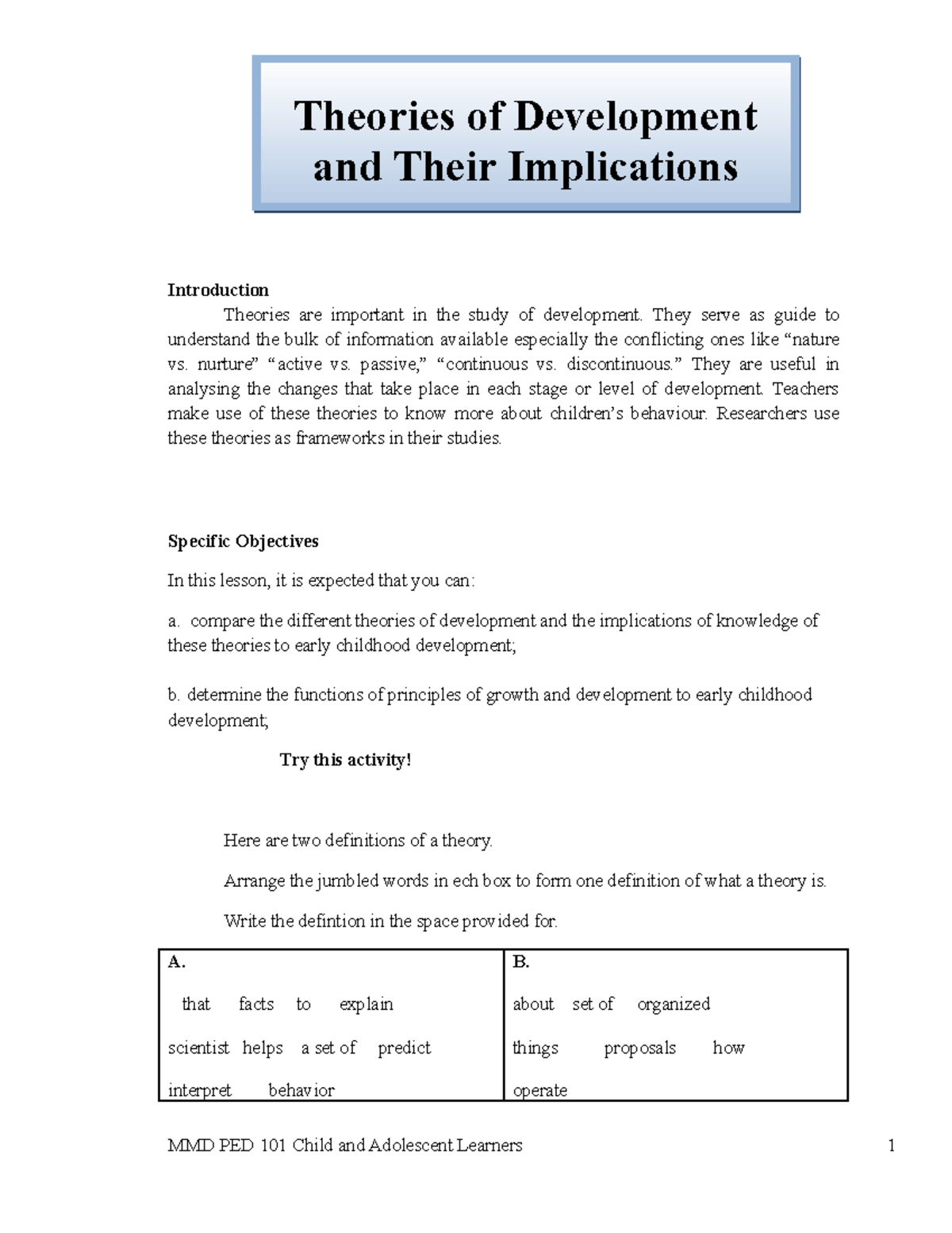Module on Theories of Human Development: Insights and Activities - Studocu
