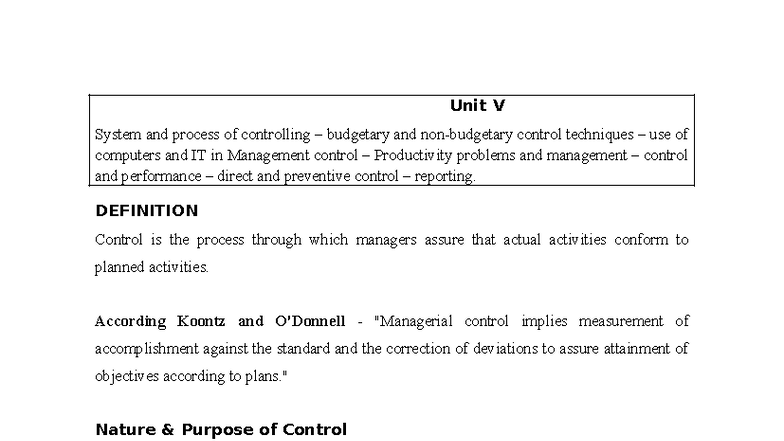 Unit V - Budgetary Control and Management Techniques in IT - Studocu