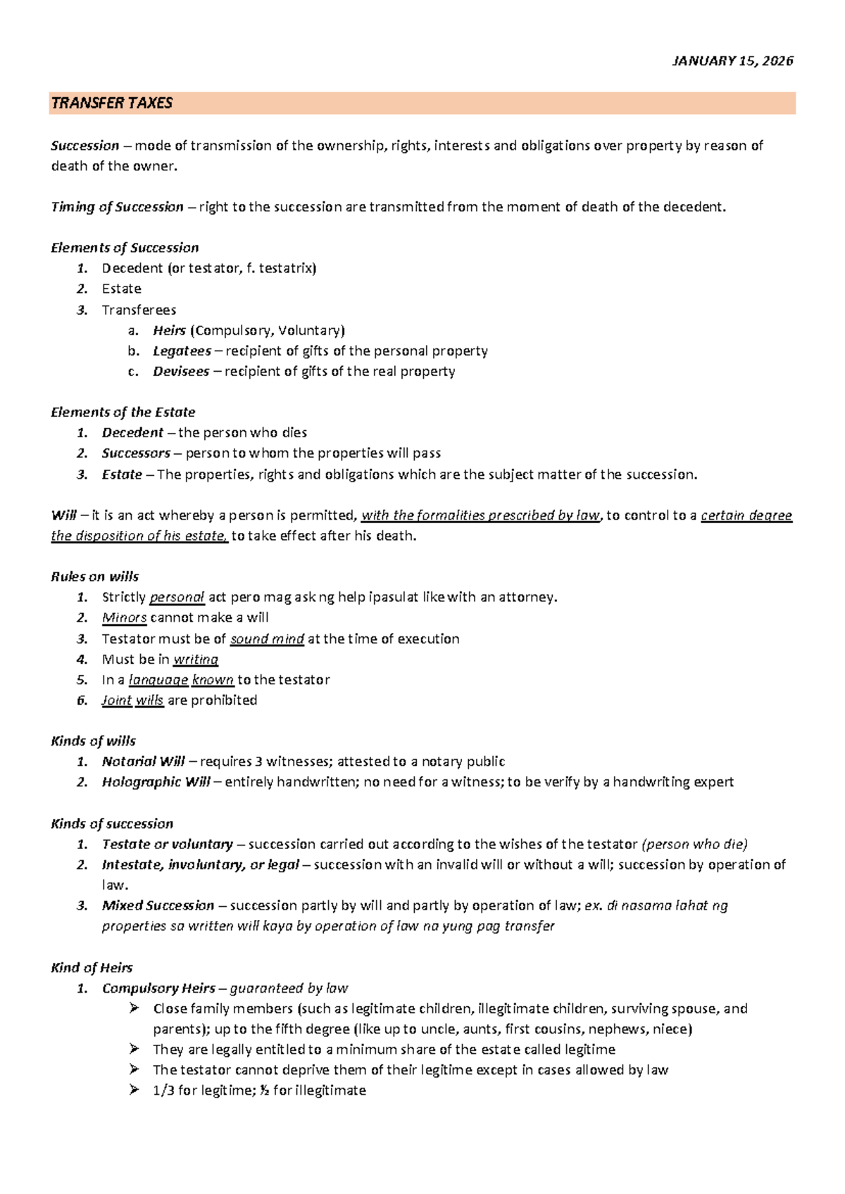Estate Tax Notes: Understanding Succession and Ownership Transfer - Studocu