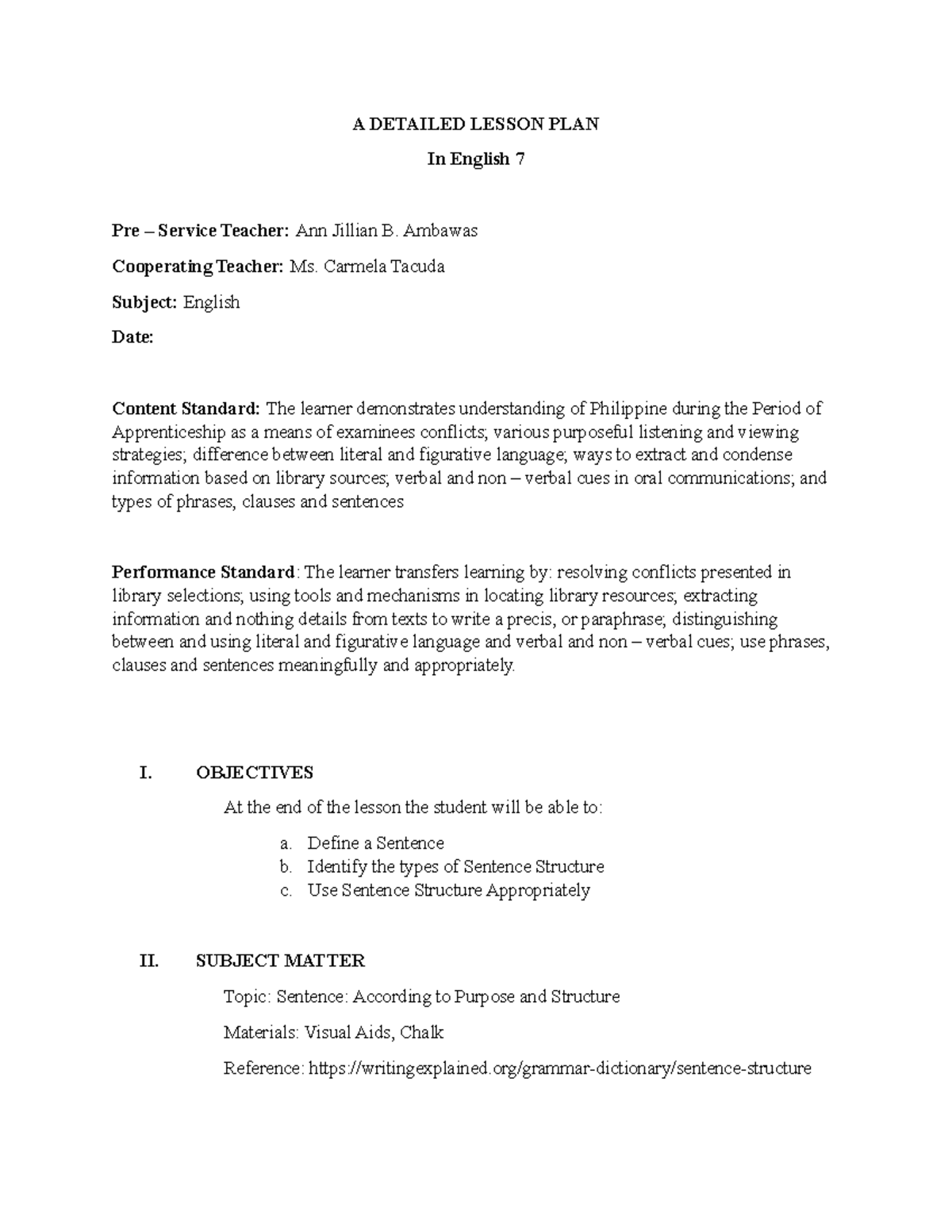 LP (Sentence Structure) - A DETAILED LESSON PLAN In English 7 Pre ...