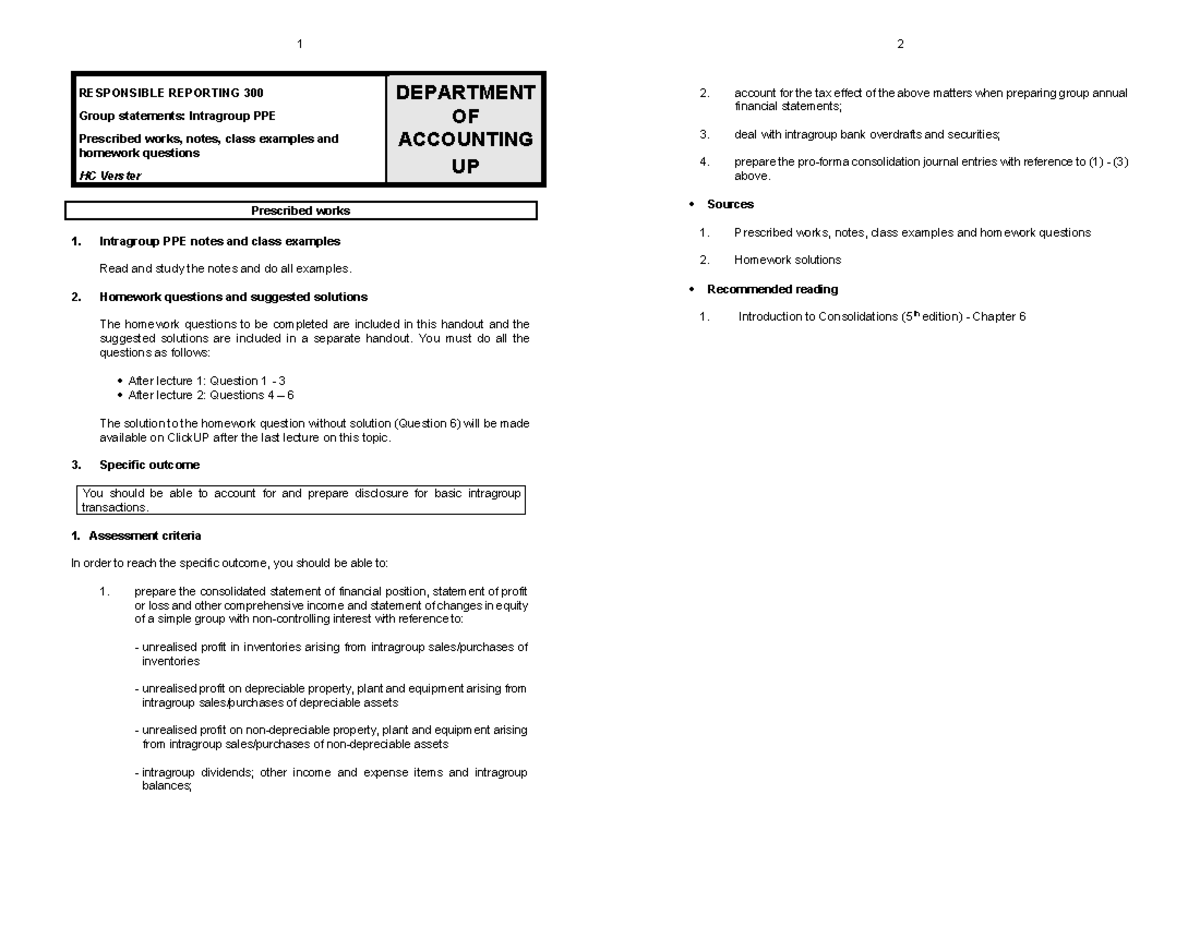Intragroup PPE: Prescribed Works, Notes & Homework Questions 2025 - Studocu