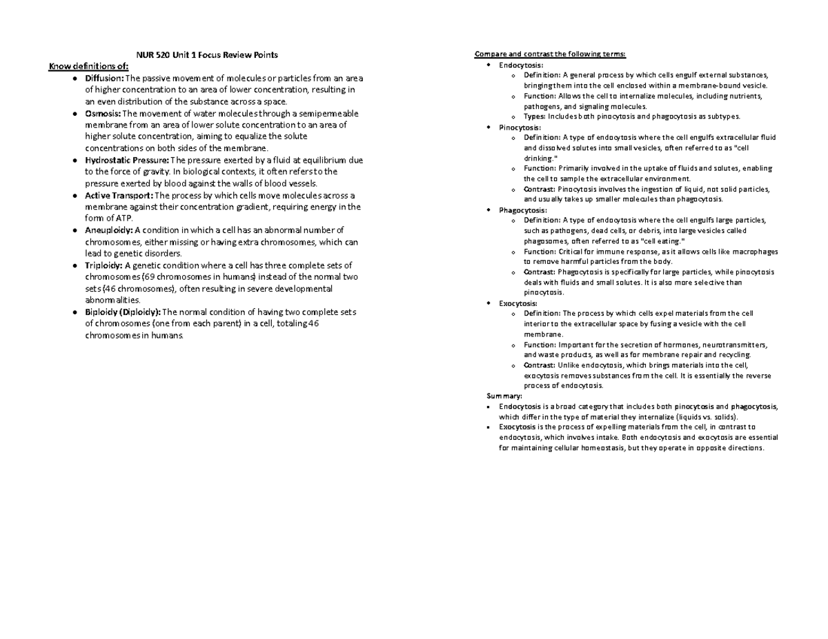 NUR 520 Unit 1 Advanced Pathophysiology Study Guide and Review Points ...