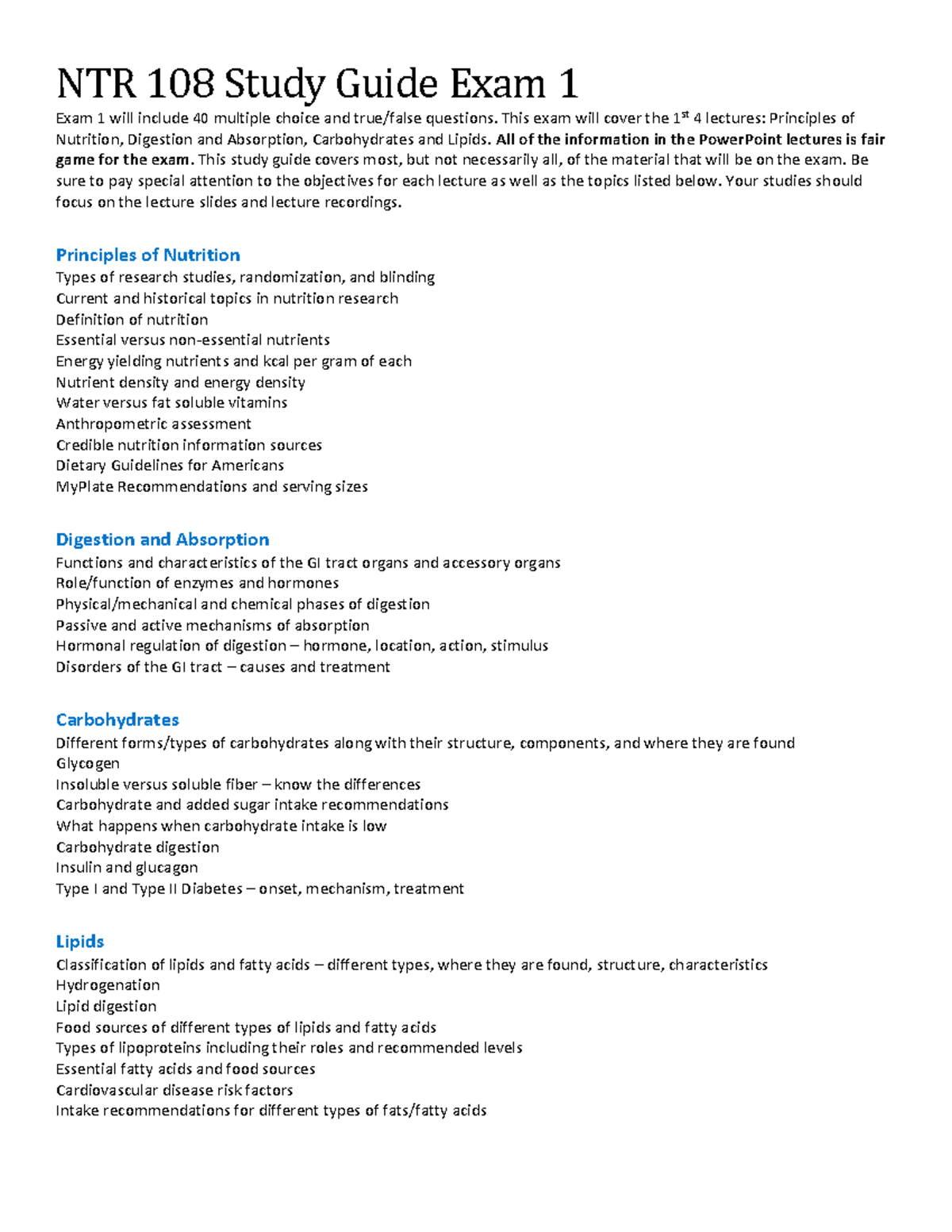 NTR 108 LEC Exam 1 Study Guide: Nutrition Principles & Topics - Studocu