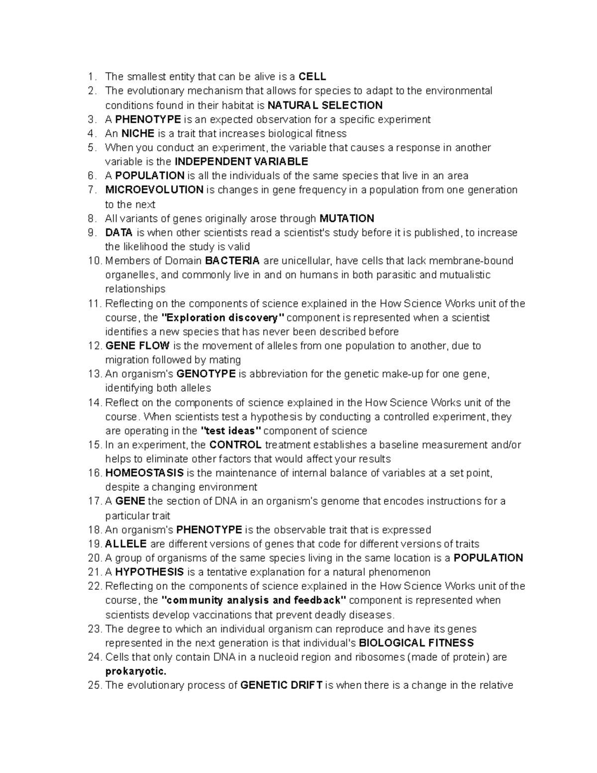 BSC 101 Final Exam Study Guide: Key Concepts and Definitions - Studocu