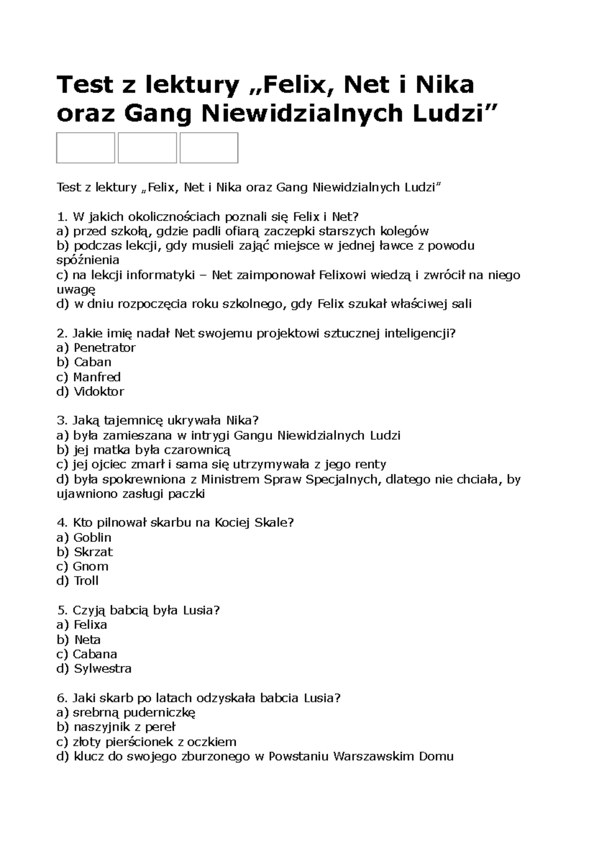 698631210 Test ze znajomości „Pinokia” - Pytania i odpowiedzi - Studocu