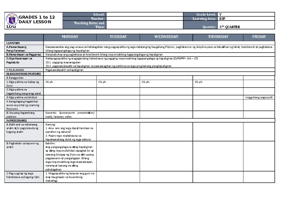 DLL ESP-5 Q3 W4 - edukasyon sa pagpapakatao - GRADES 1 to 12 DAILY LESSON LOG School: Grade ...