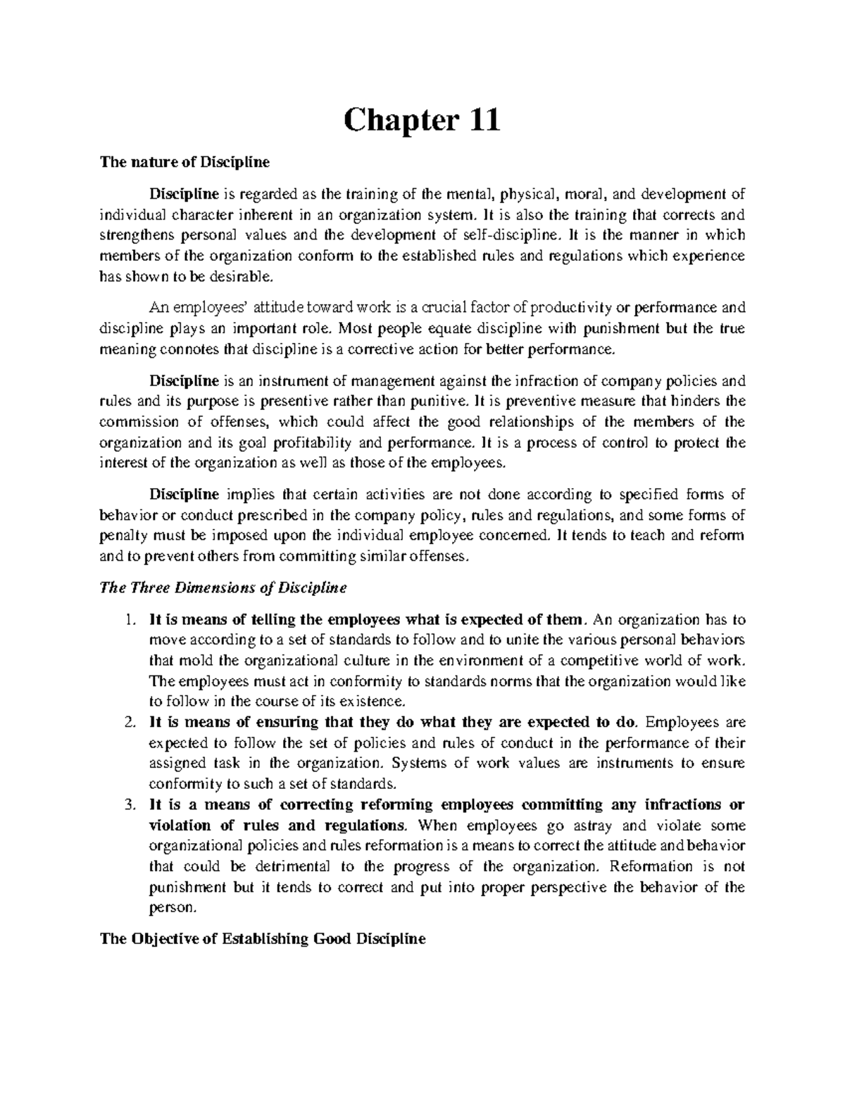 Chapter-11 - non - Chapter 11 The nature of Discipline Discipline is ...