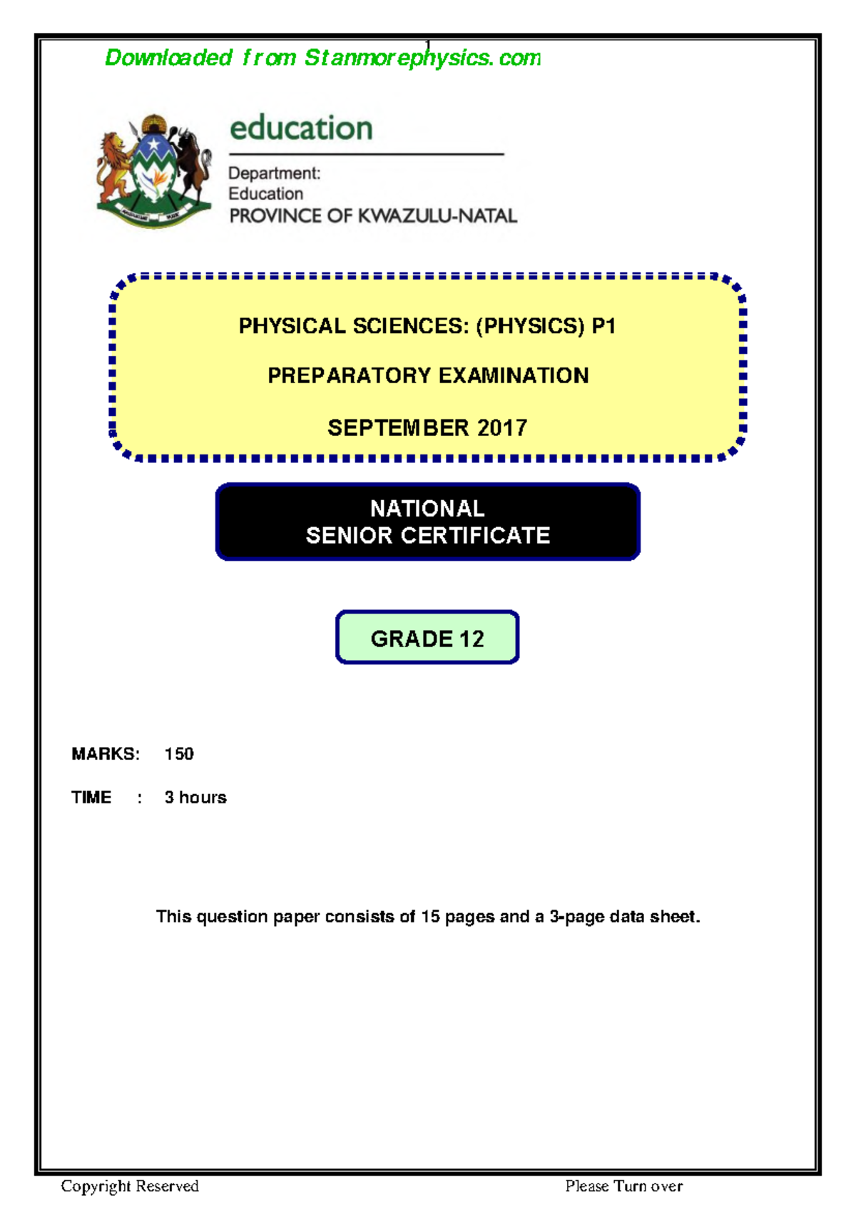 Grade 12 Physical Science P1 September 2017 Exam and Memorandum - Studocu
