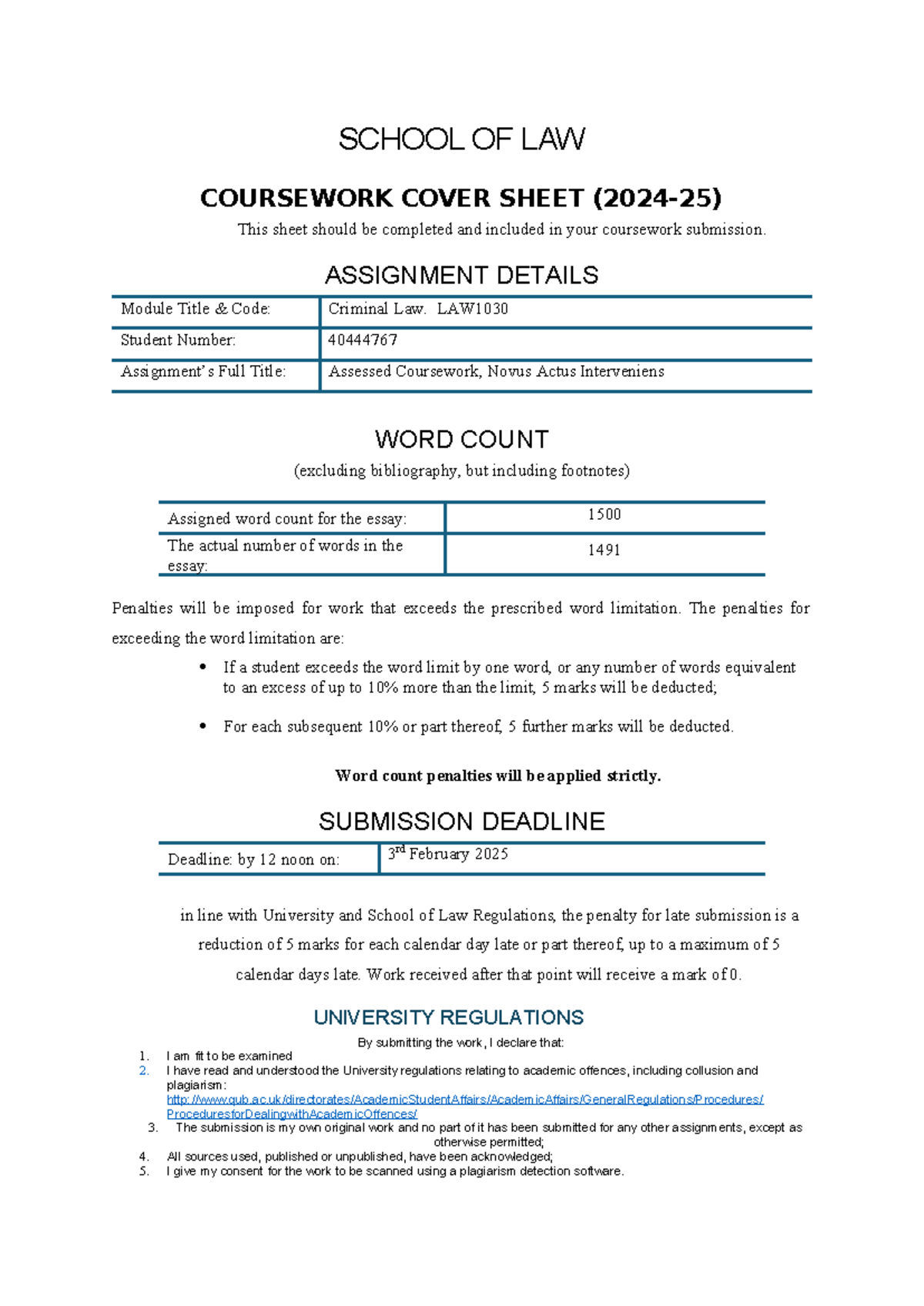 LAW1030 Criminal Law Essay: Novus Actus Interveniens & Legal Causation ...