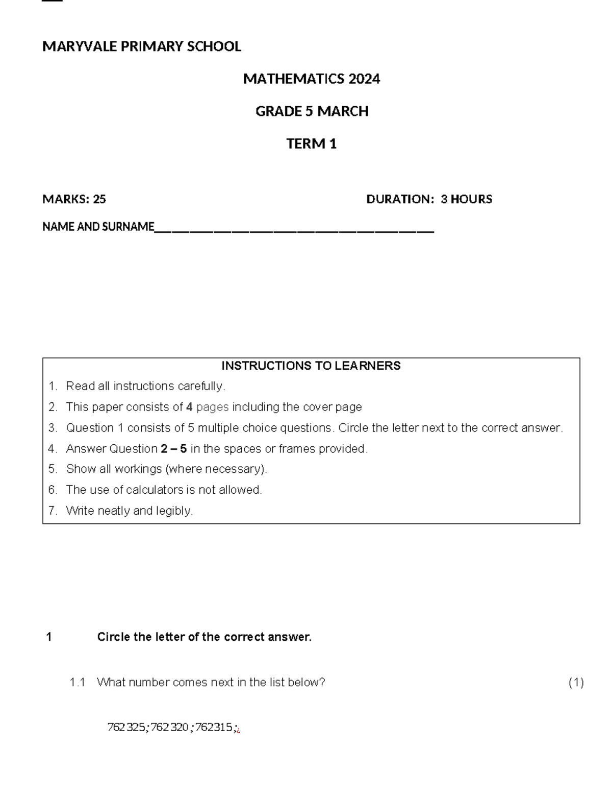 Grade 5 Mathematics Lesson Plan: March Term 1 Assessment (25 Marks ...