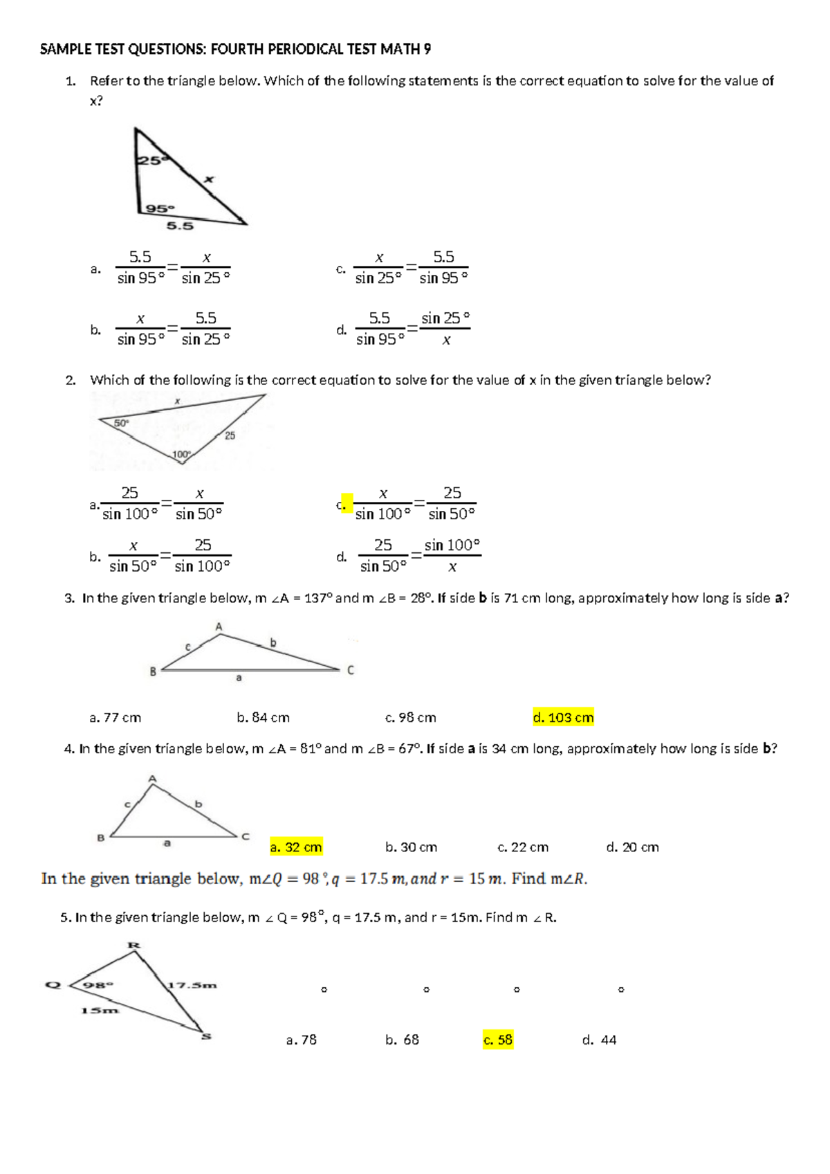 Math 9 Final Exam Sample Questions and Solutions - Studocu