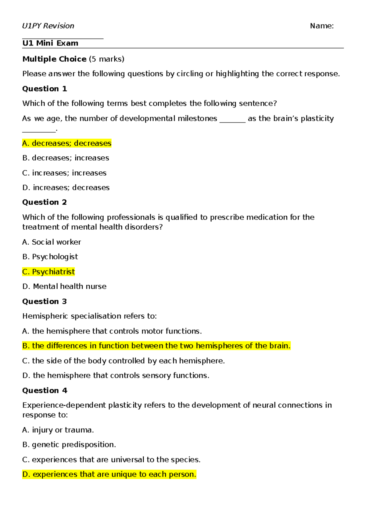 2026 U1PY Mini Exam - Multiple Choice & Short Answer Solutions - Studocu